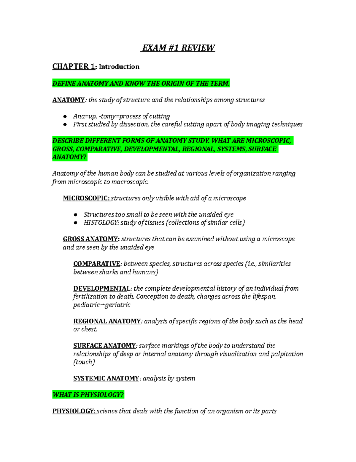 BMS 107- Exam 1 Review - EXAM #1 REVIEW CHAPTER 1: Introduction DEFINE ...