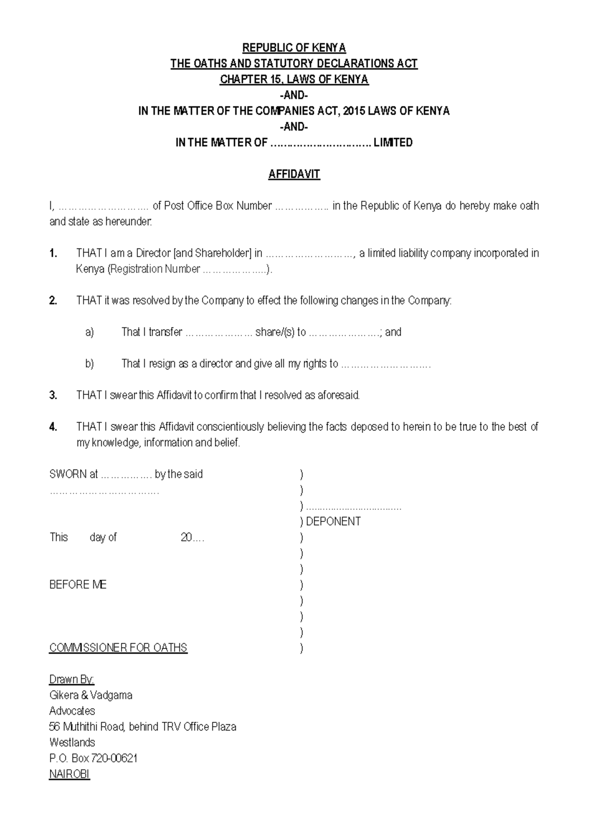 Affidavit of Resignation of Director - 14-1-Extract Kenya Law - Studocu