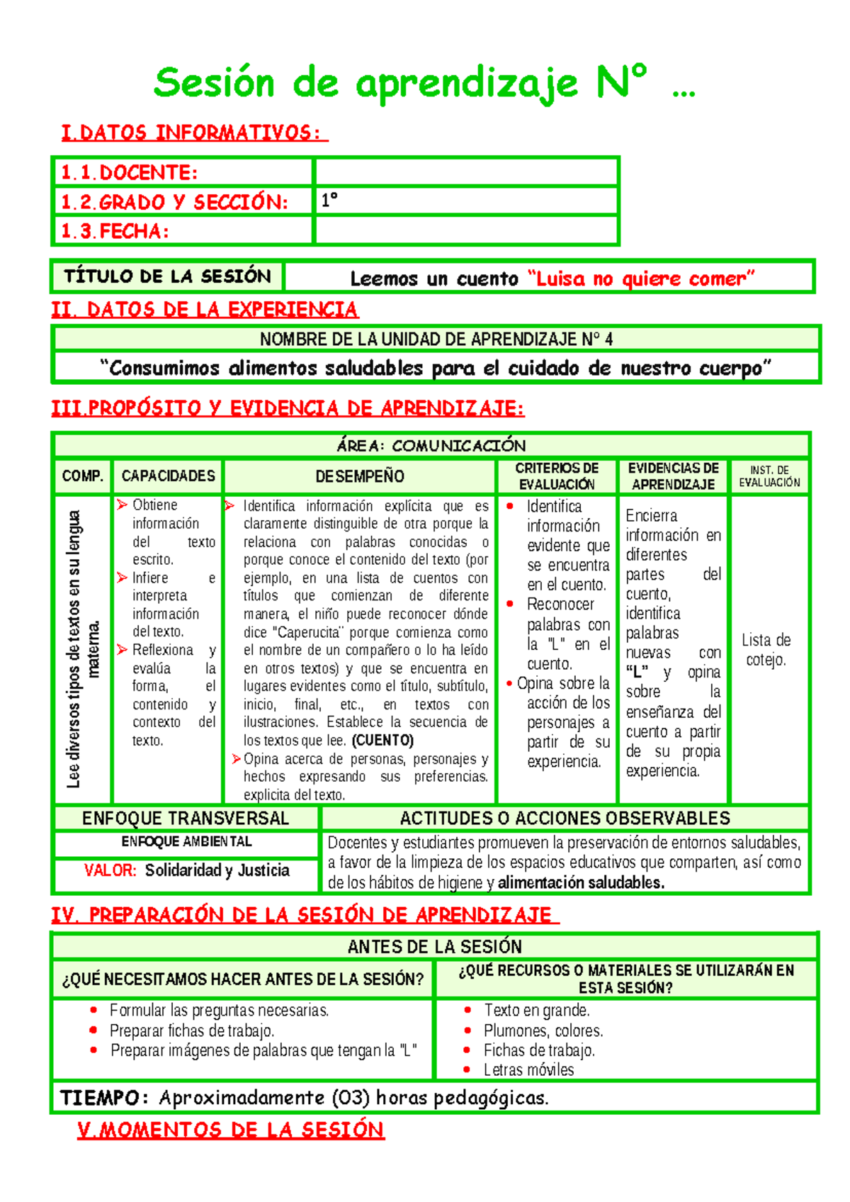 Sesión de Aprendizaje: Leemos un Cuento sobre Alimentos Saludables - Studocu