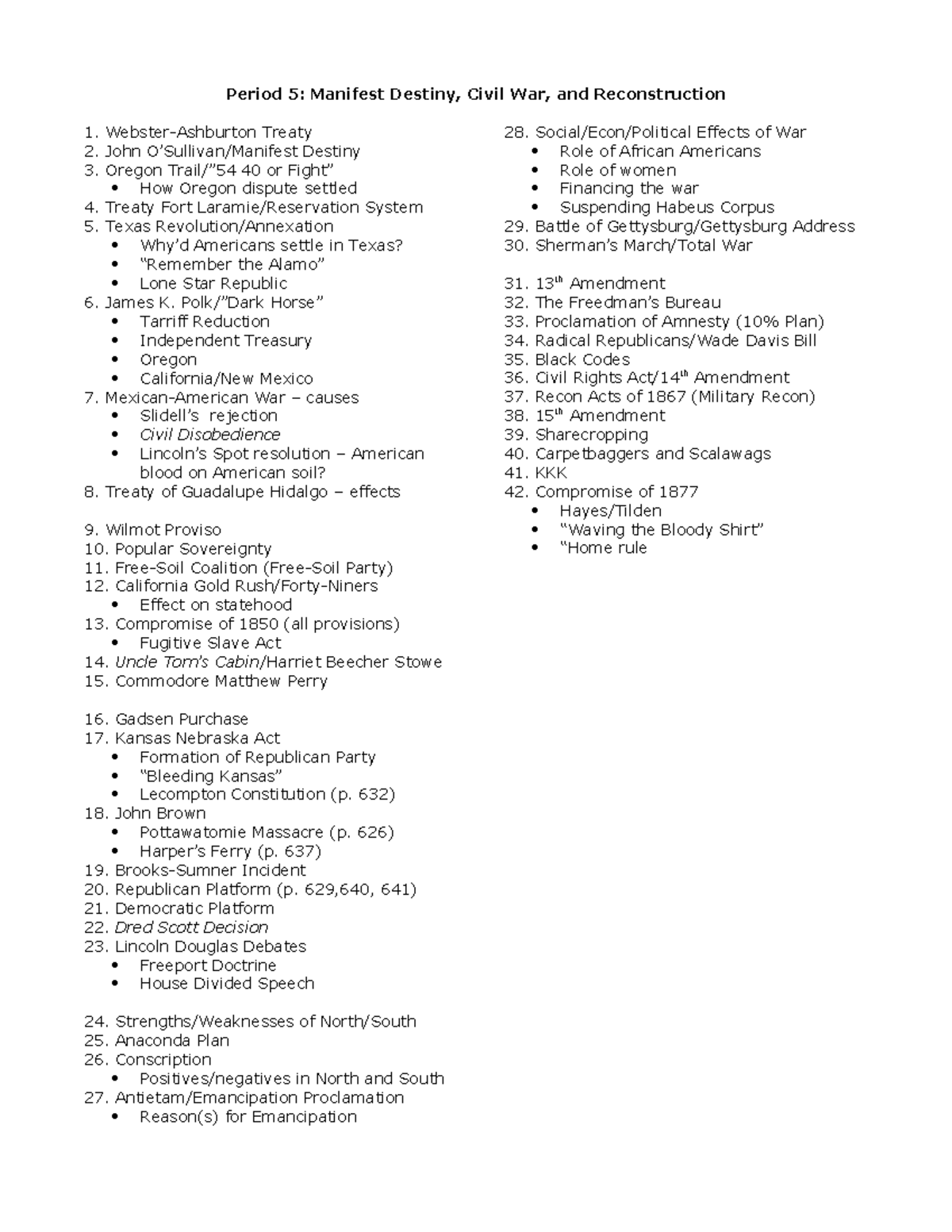 Period 5: Key Terms on Manifest Destiny, Civil War & Reconstruction ...