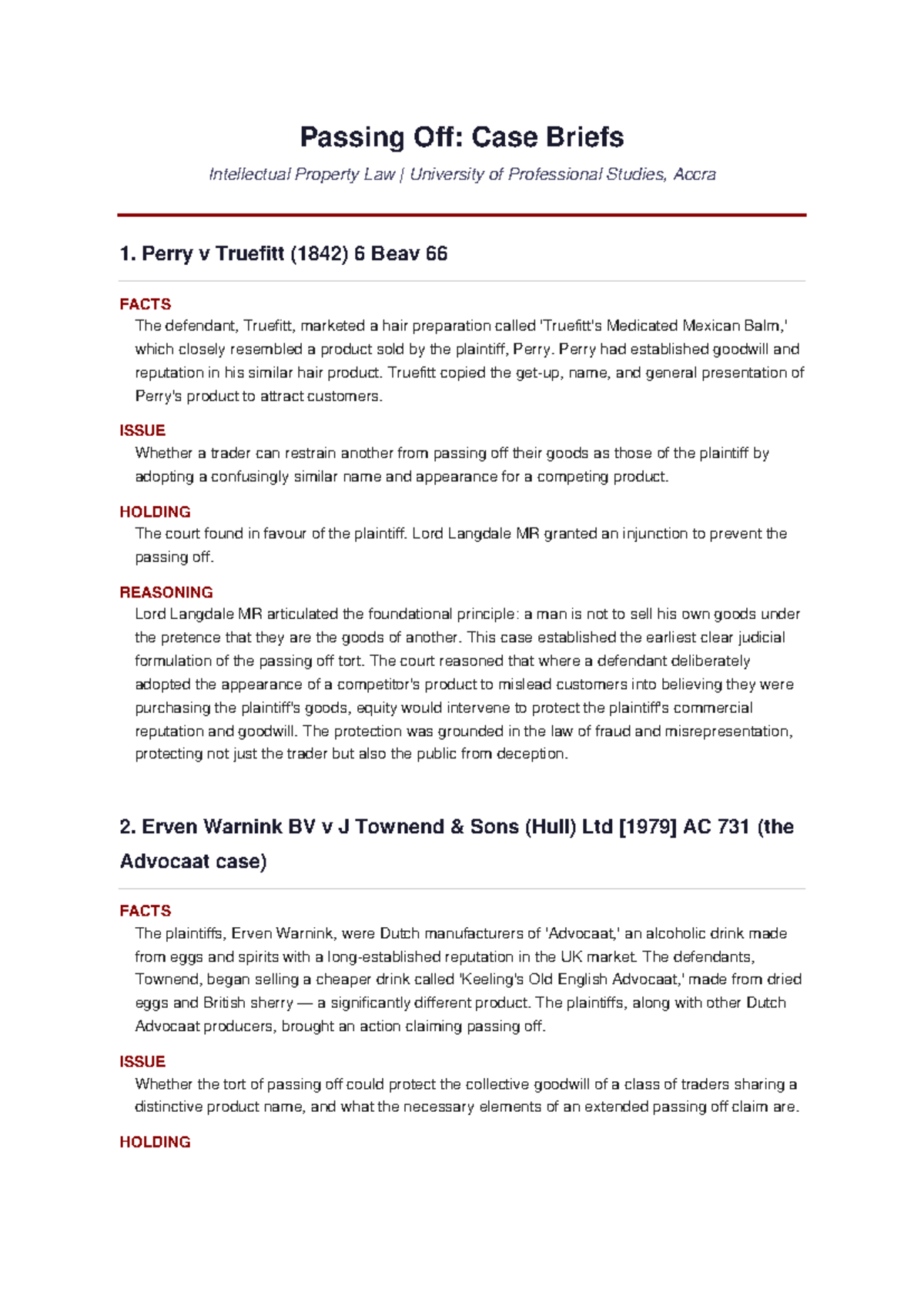 Passing Off Case Briefs: Intellectual Property Law (UPSA) - Studocu