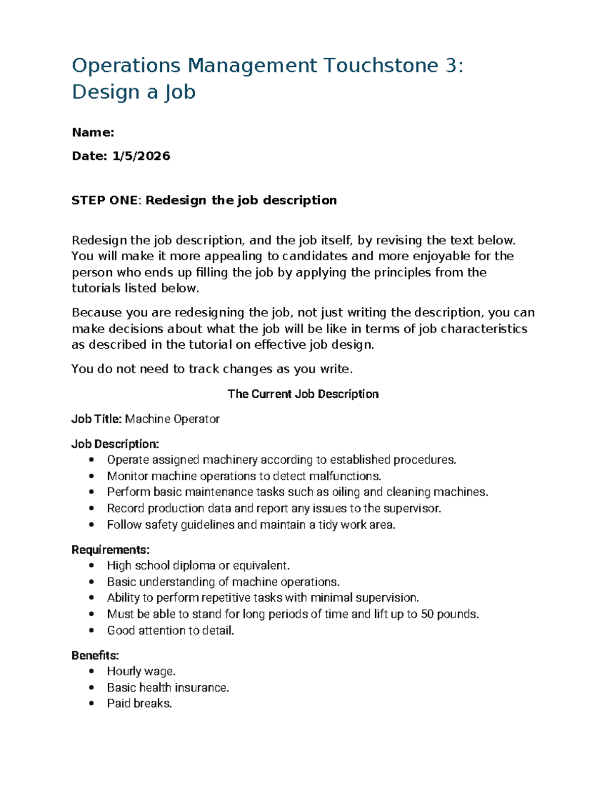 Operations Management TS3: Job Design Redesign & Explanation - Studocu