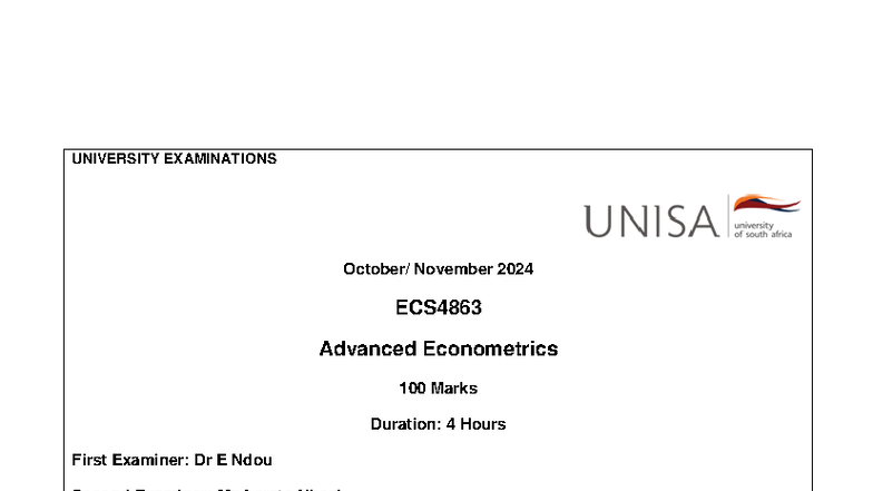 ECS4863 2024 Advanced Econometrics Oct-Nov Exam Instructions and ...