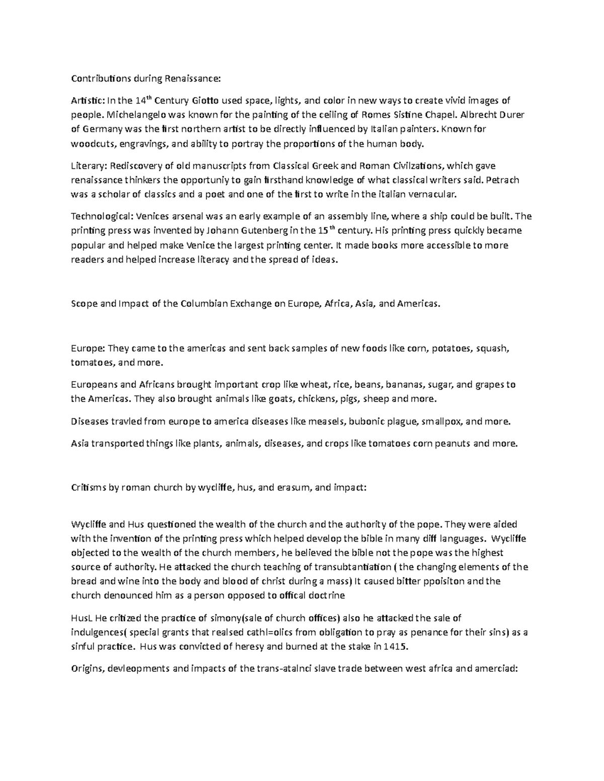 DBA Study Guide: Renaissance Contributions and Columbian Exchange - Studocu