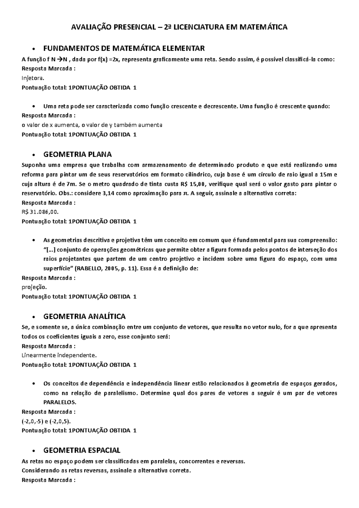 Avaliação Presencial - 2ª Licenciatura em Matemática: Fundamentos e ...