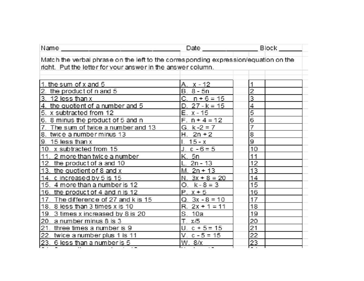 Matching written expressions and algebraic expressions - Name Date ...