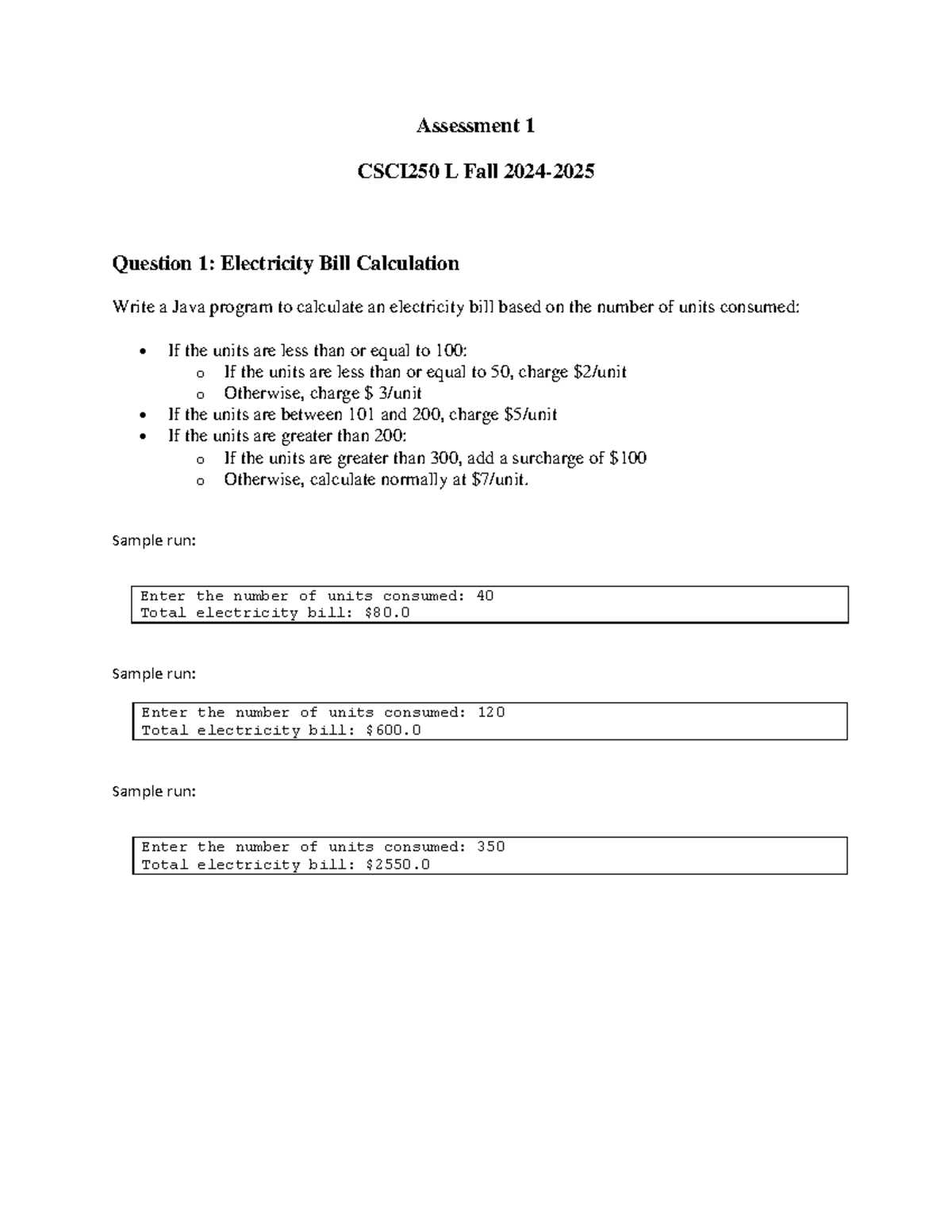 Assessment 1 V1 - no thing - Assessment 1 CSCI250 L Fall 2024- Question ...