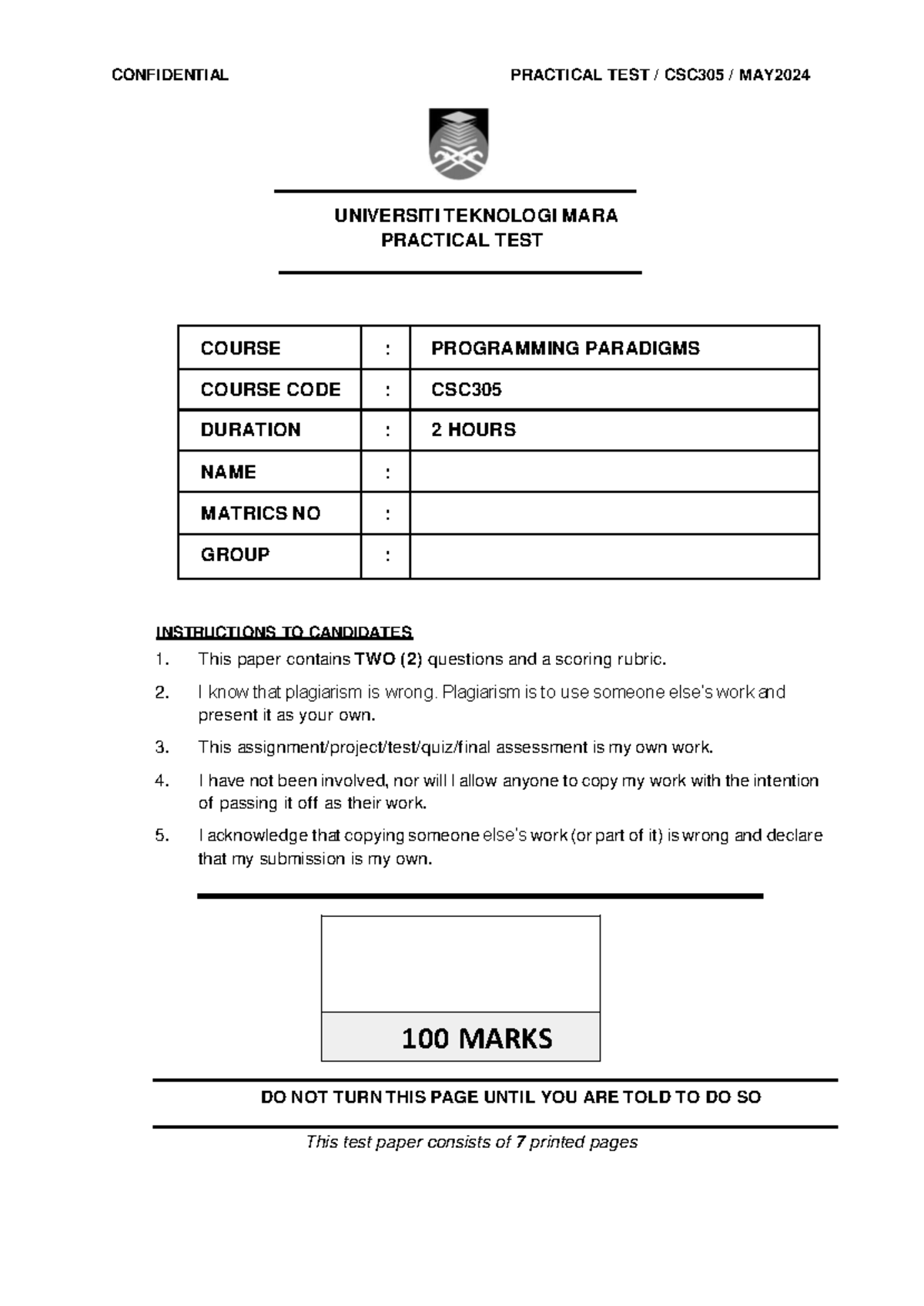 CSC305 Practical Test Questions on Programming Paradigms - Studocu