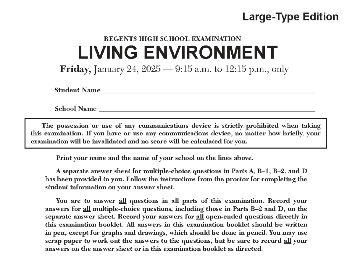 Living Environment Regents Exam Study Guide - January 2025 - Studocu