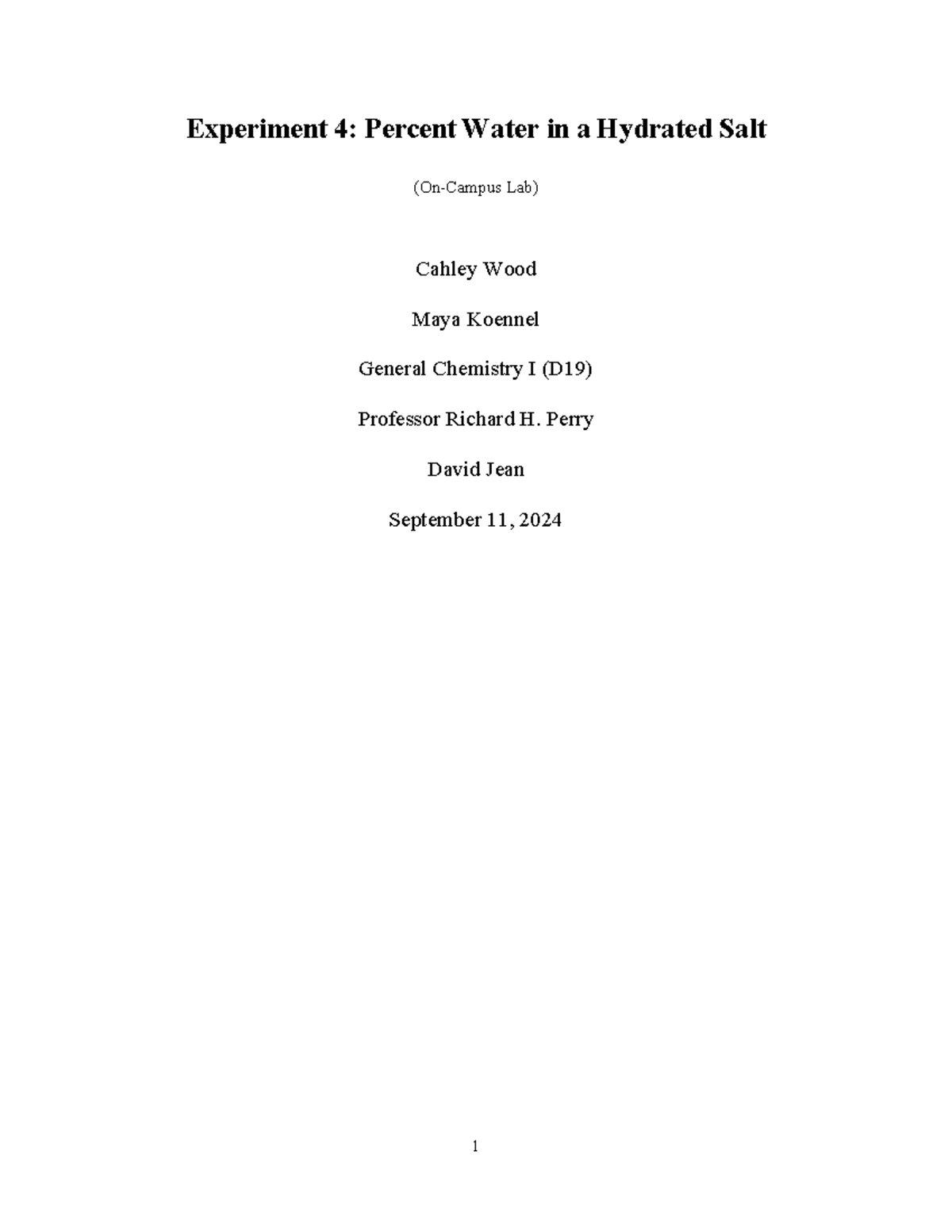 General Chemistry I (D19) Lab Report: Percent Water in Hydrated Salt ...