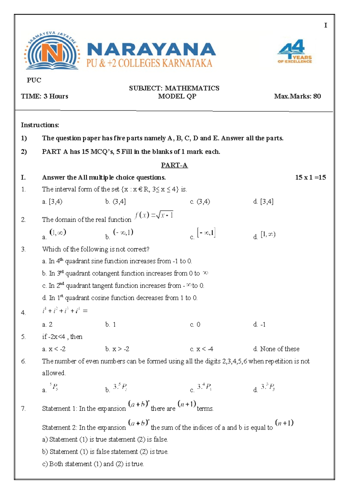 I PUC Mathematics Model Question Paper (QP) - 3 Hours, Max Marks: 80 ...