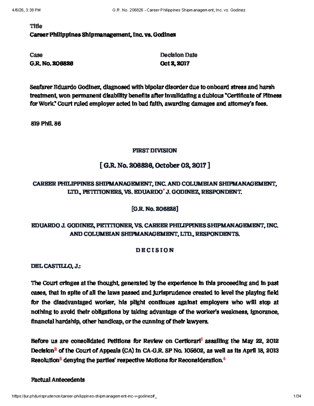 G.R. No. 206826 - Career Philippines Shipmanagement, Inc. vs. Godinez ...