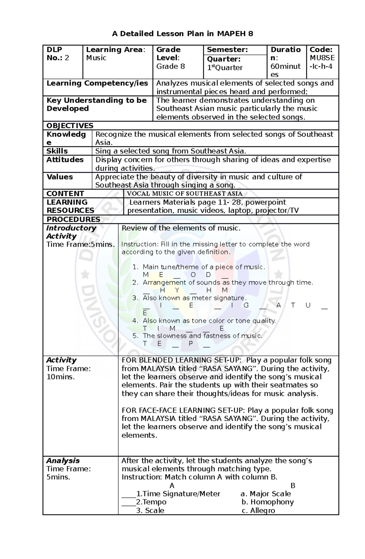Music 8 Q1 5,6and7 - LESSON PLAN - A Detailed Lesson Plan in MAPEH 8 DLP No.: 5 , 6 and 7 ...
