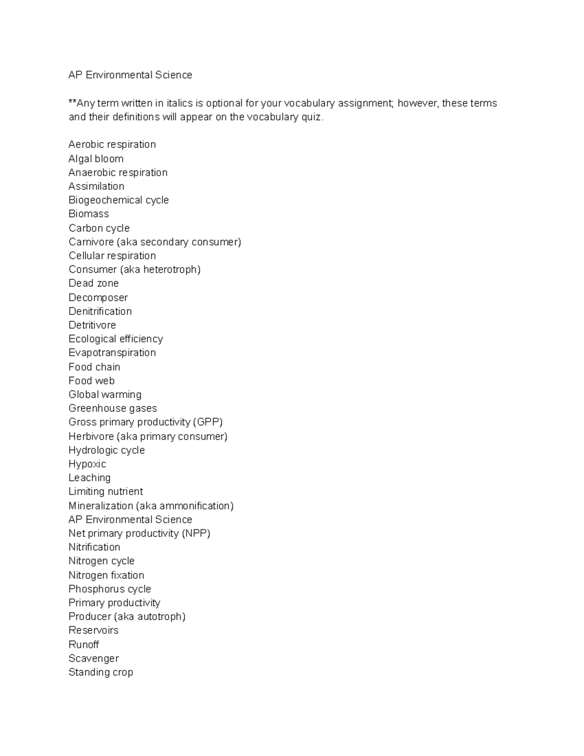 AP Environmental Science Vocabulary Quiz Prep List - Studocu