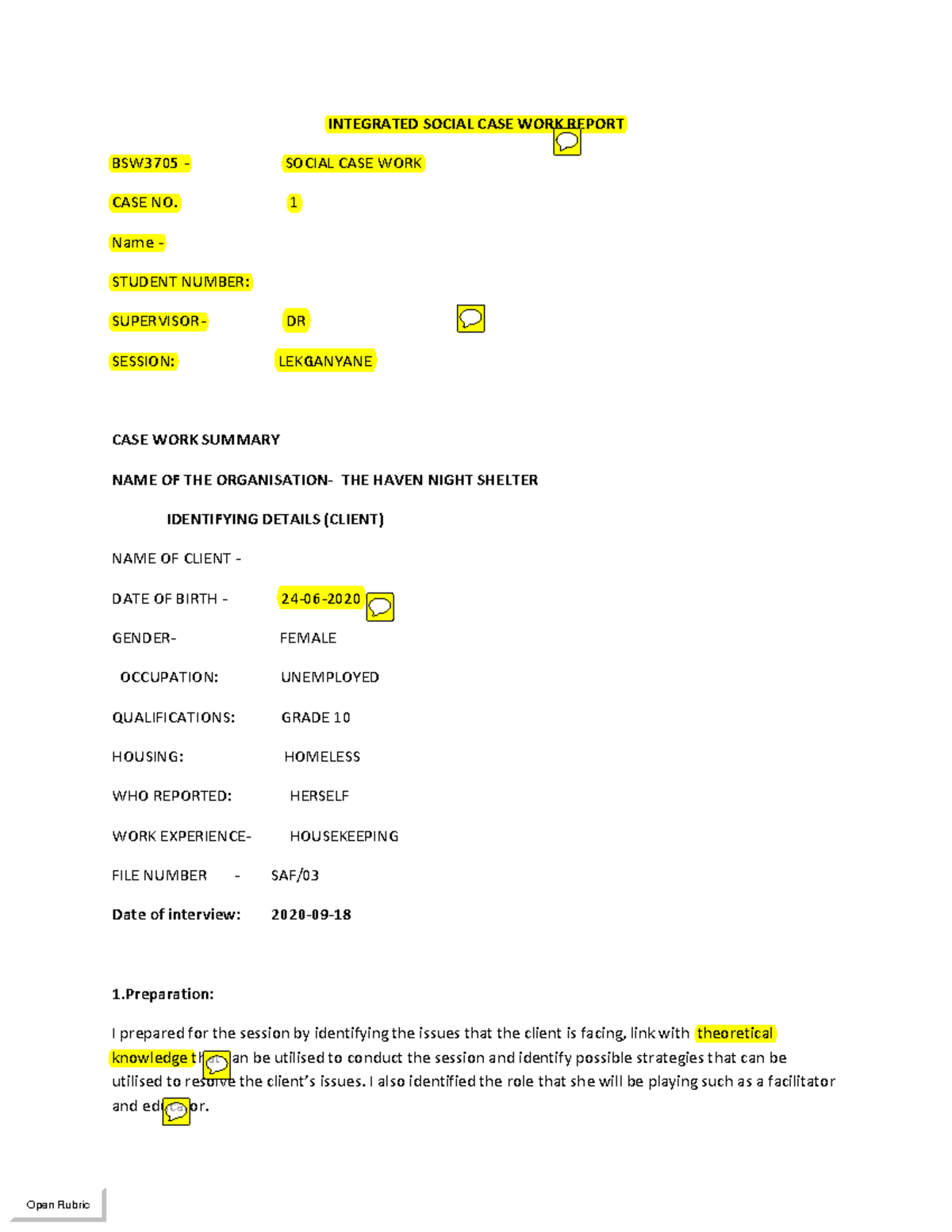 BSW3705 Case Work Report - Case No. 1: Integrated Social Work Analysis ...