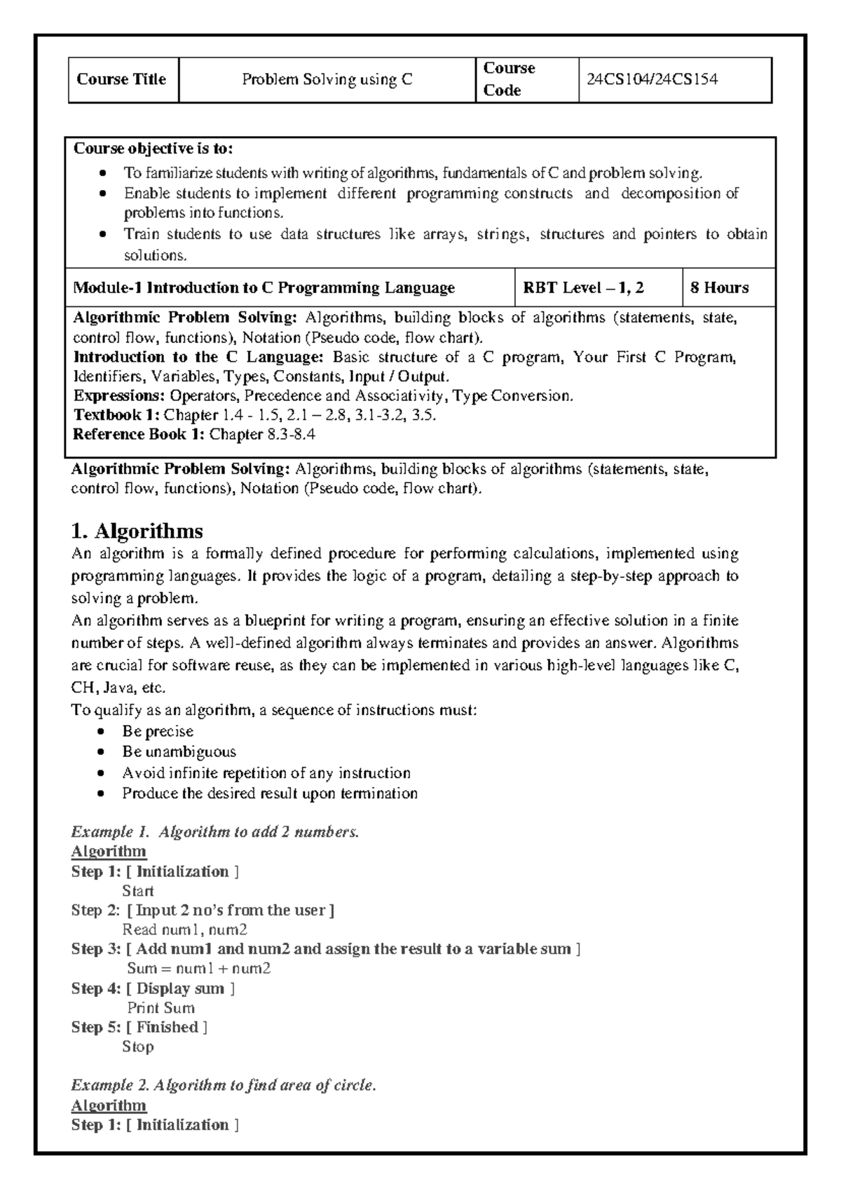 CS Module 1 Notes - Other - Course Title Problem Solving using C Course ...