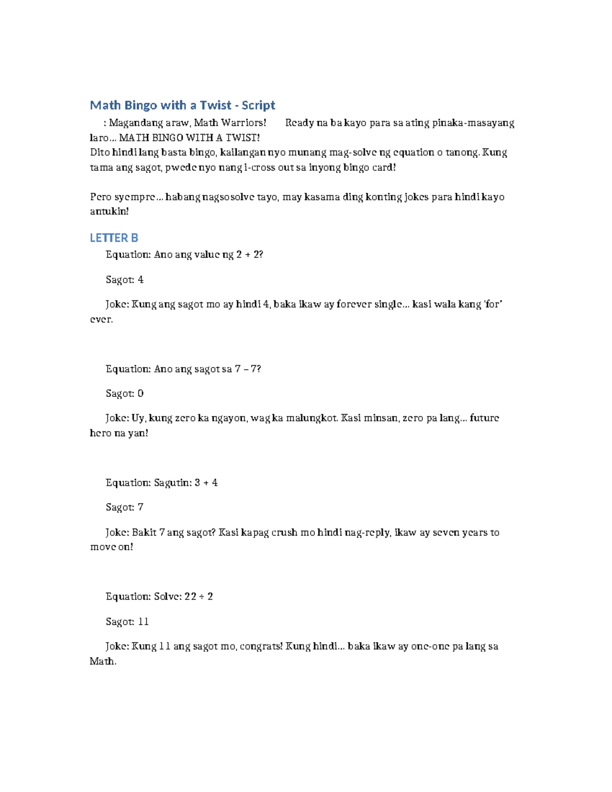 Math Bingo with a Twist: Fun Equations and Jokes - Studocu