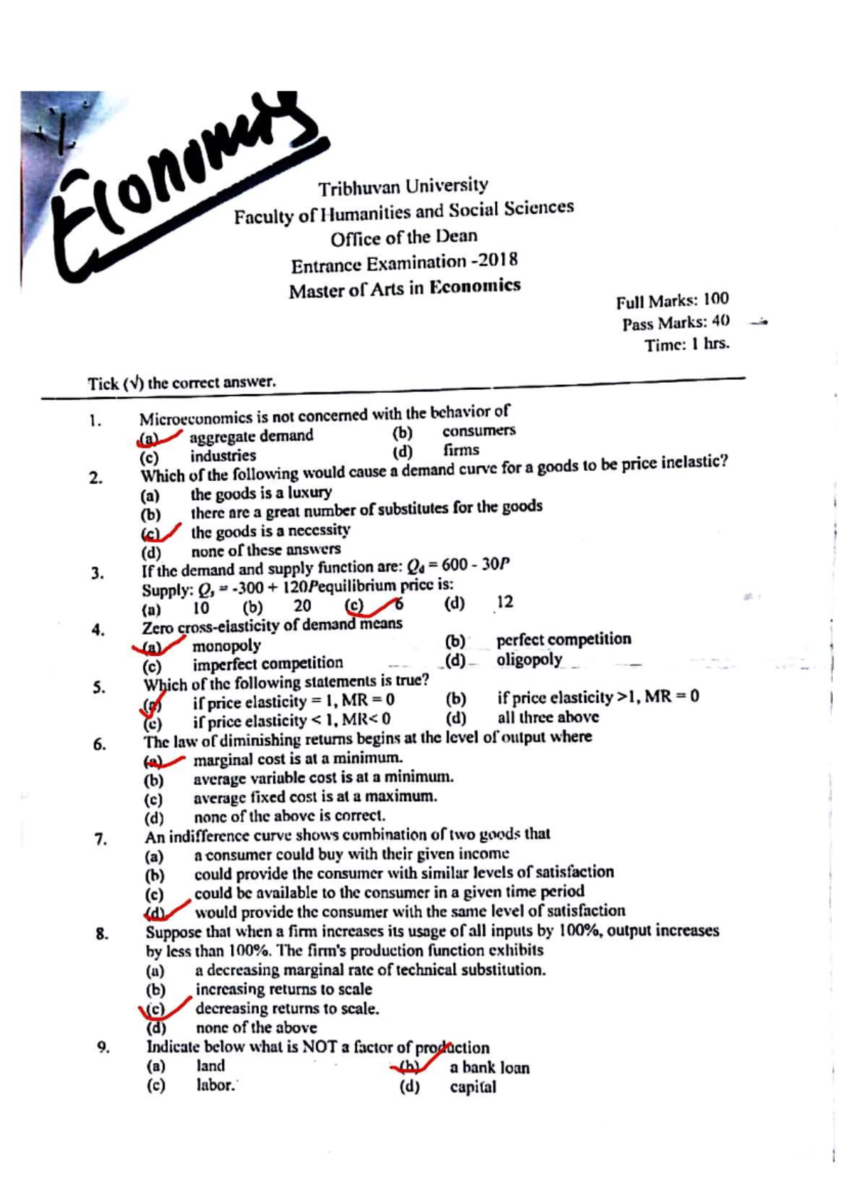 MA Economics Entrance Exam Past Questions - Tribhuvan University - Studocu