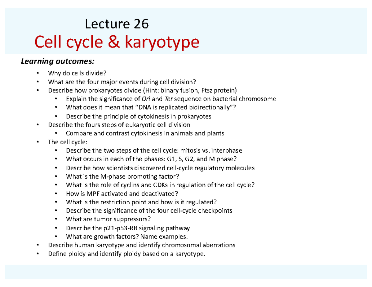 Cell Cycle and Cytokinesis: Key Concepts - Lecture 26 Overview - Studocu