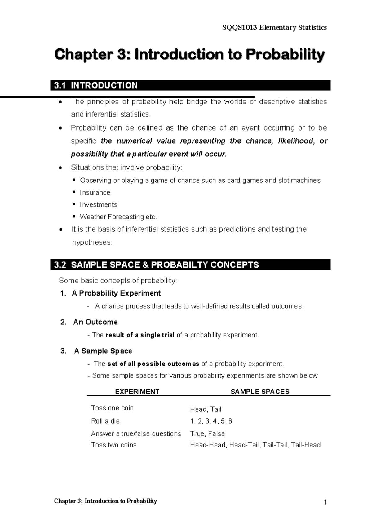 SQQS1013 Elementary Statistics Chapter 3: Probability Concepts and ...