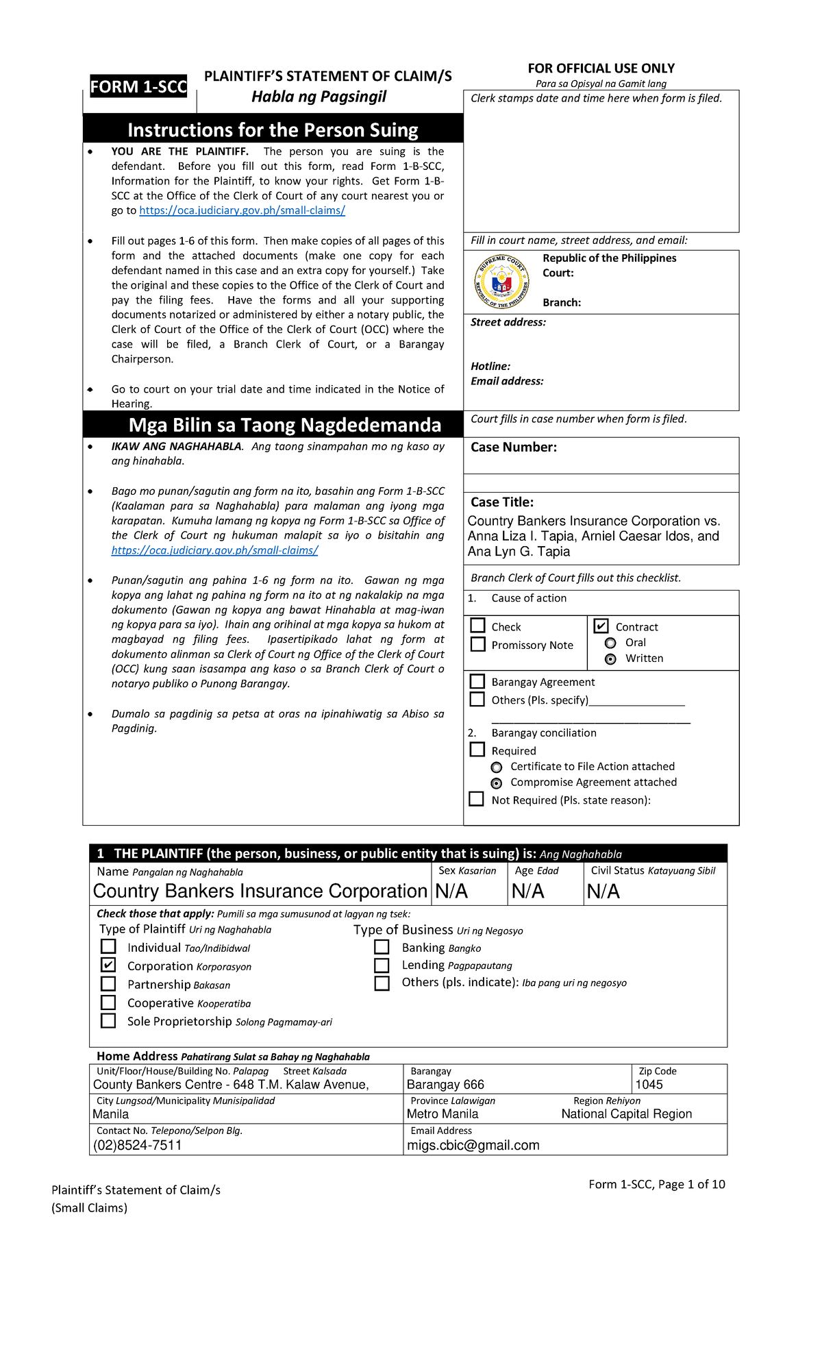 Plaintiff’s Statement of Claim - Small Claims Form 1-SCC Template - Studocu
