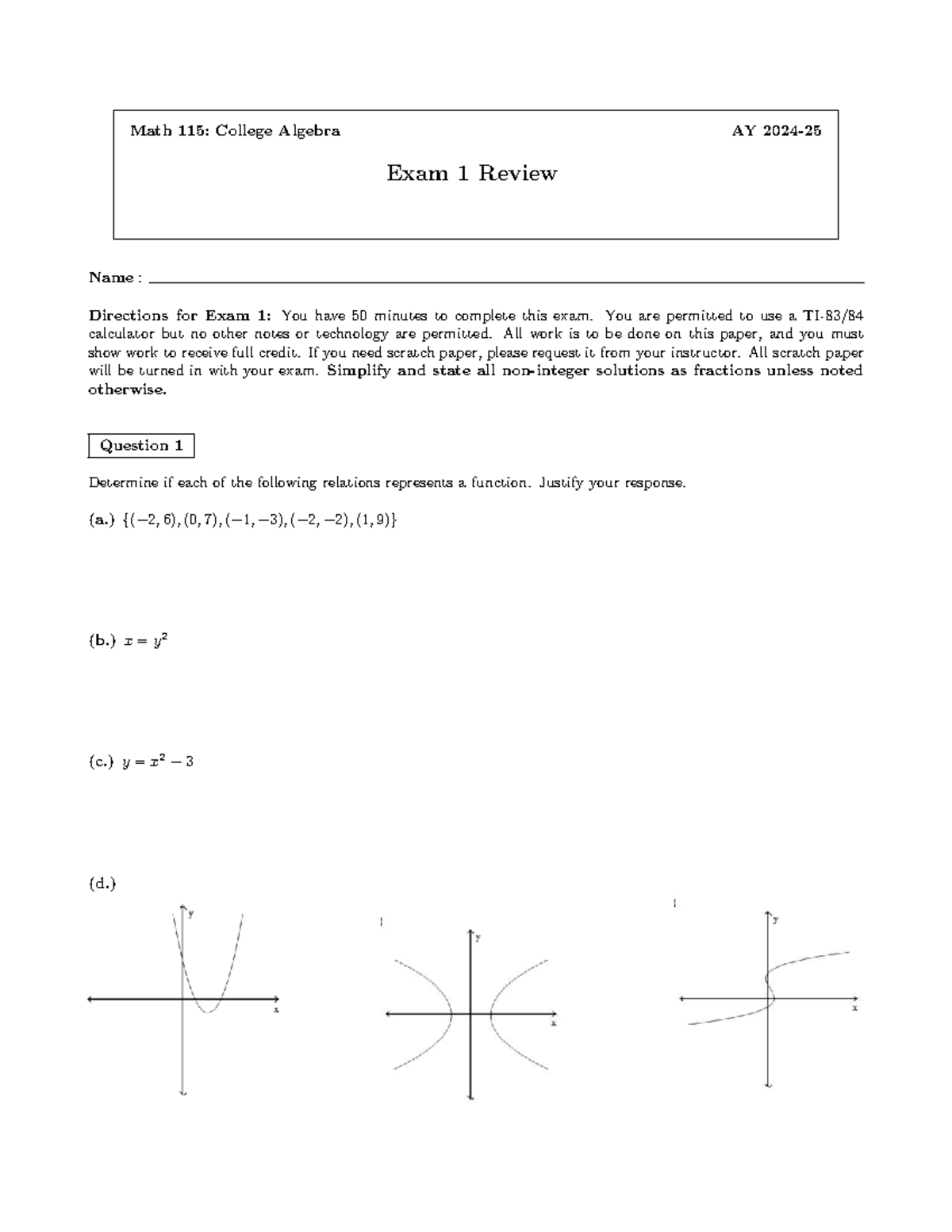 MATH 115: College Algebra Exam 1 Review Guide - Studocu