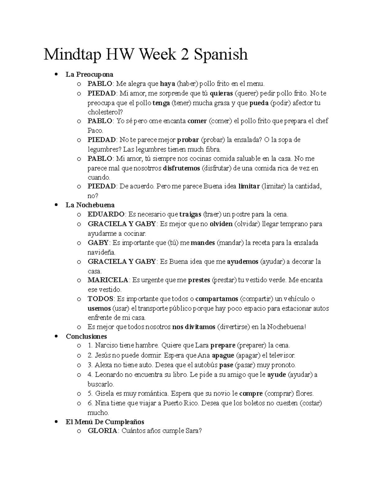Mindtap HW Week 2 - Spanish Assignments and Dialogue Practice - Studocu