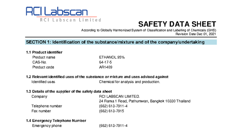 MSDS for Ethanol AR1409 - Safety Data Sheet (GHS) - Studocu