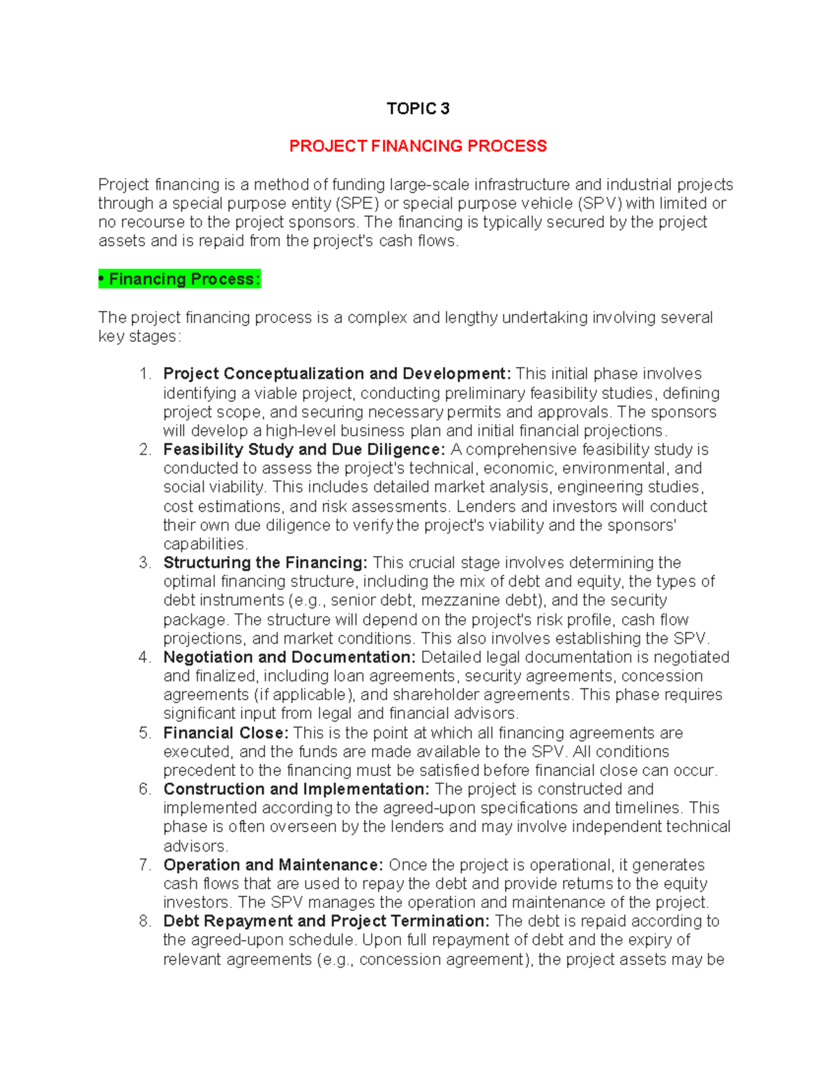 Topic 3: Project Financing Process Overview and Key Stages - Studocu