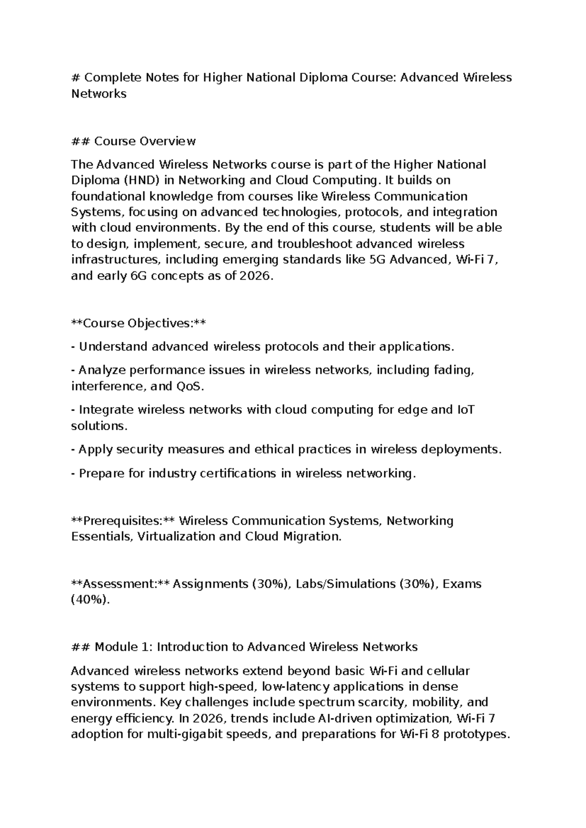 HND Advanced Wireless Networks: Comprehensive Course Notes - Studocu