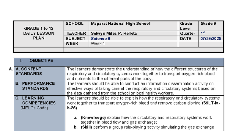 R&C - Lesson Plan: Exploring Respiratory & Circulatory Systems - Studocu