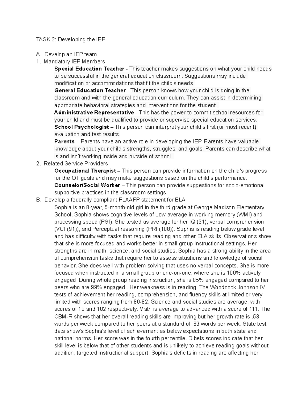 Bossert D004 Collaboration for Success Task 2 Developing the IEP - TASK ...