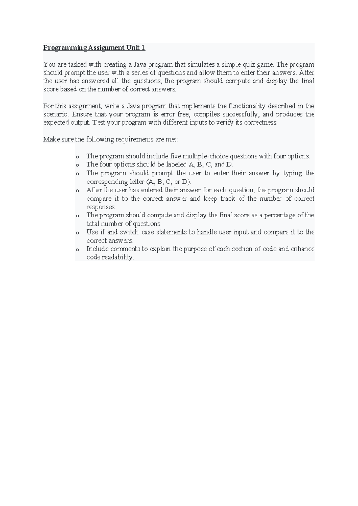 Programming Assignment 1: Java Quiz Game Simulation CS1102 - Studocu