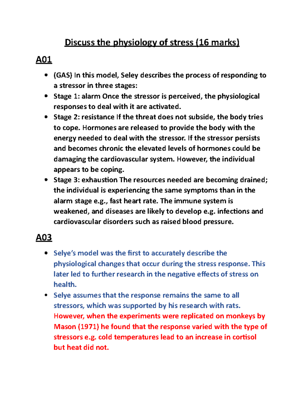 Physiology of Stress: Essay Plan (16 Marker) for Psych 101 - Studocu
