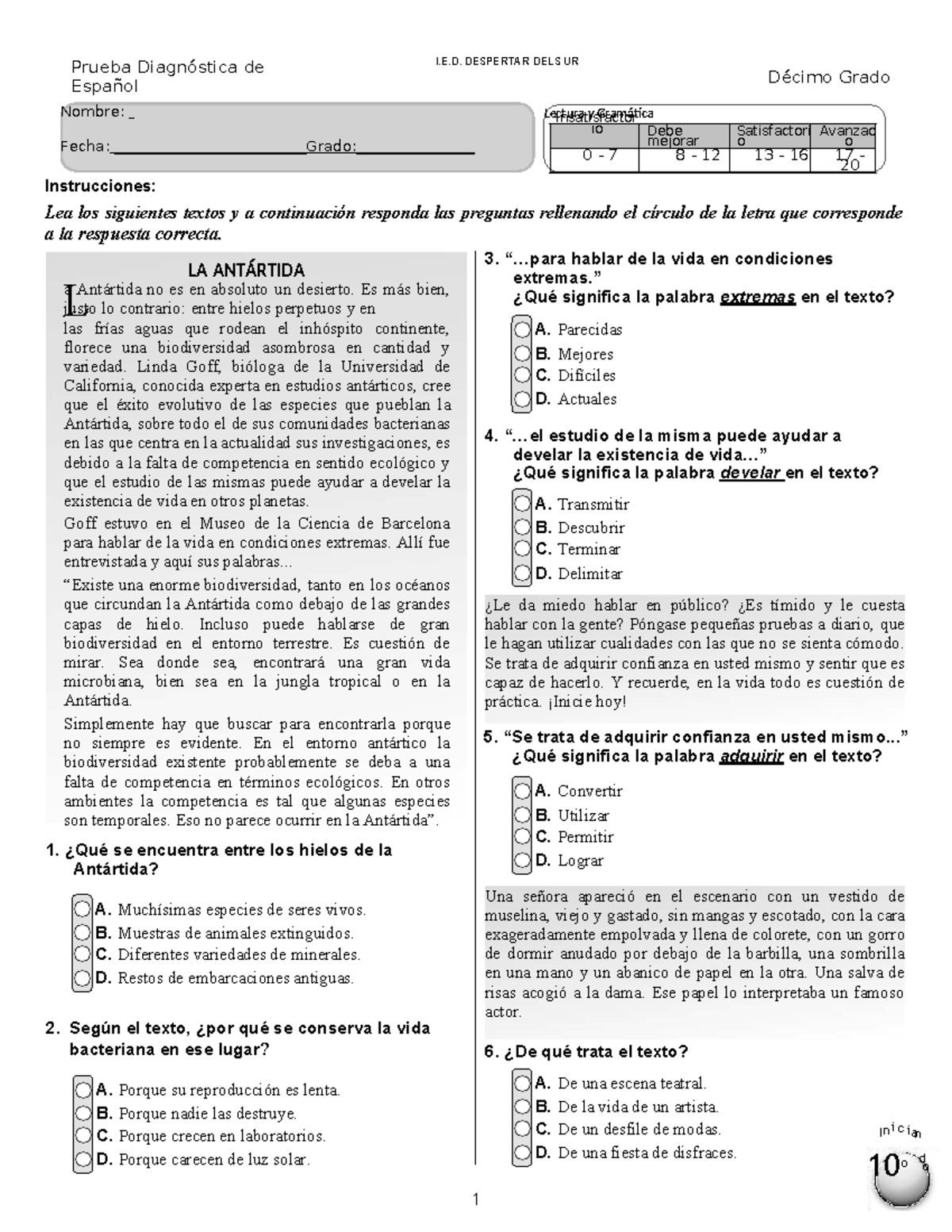 Prueba Diagnóstica de Español I.E.D. DESPERTAR DELS UR - Décimo Grado ...