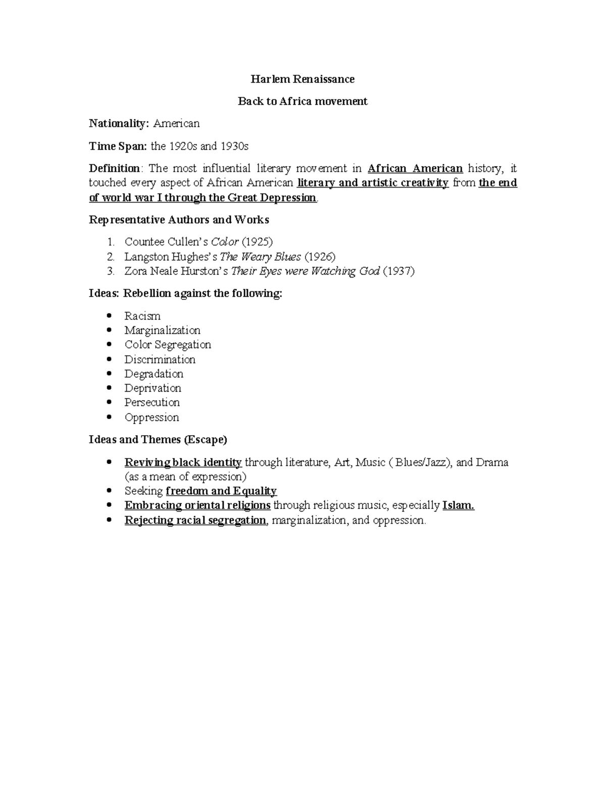Summary of Harlem Renaissance: Back to Africa Movement (1920s-30s ...