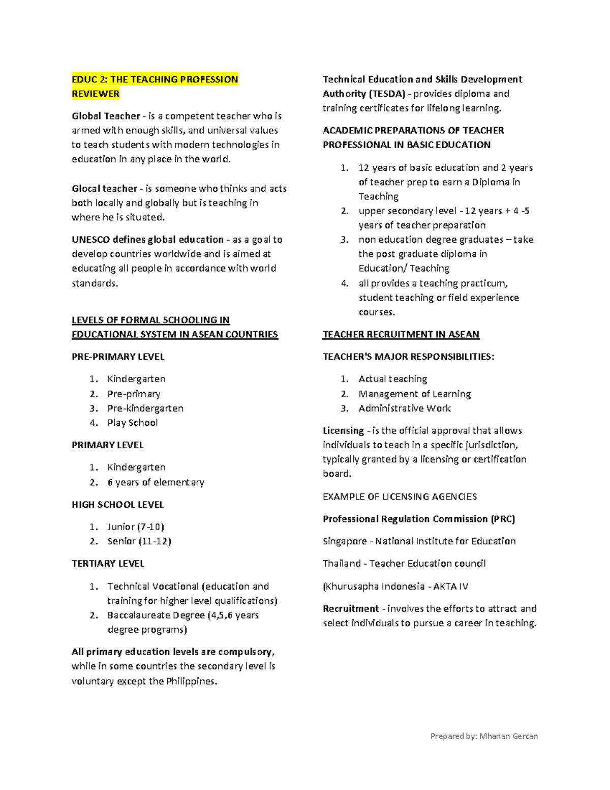 EDUC 2 Finals Reviewer: The Teaching Profession Overview - Studocu