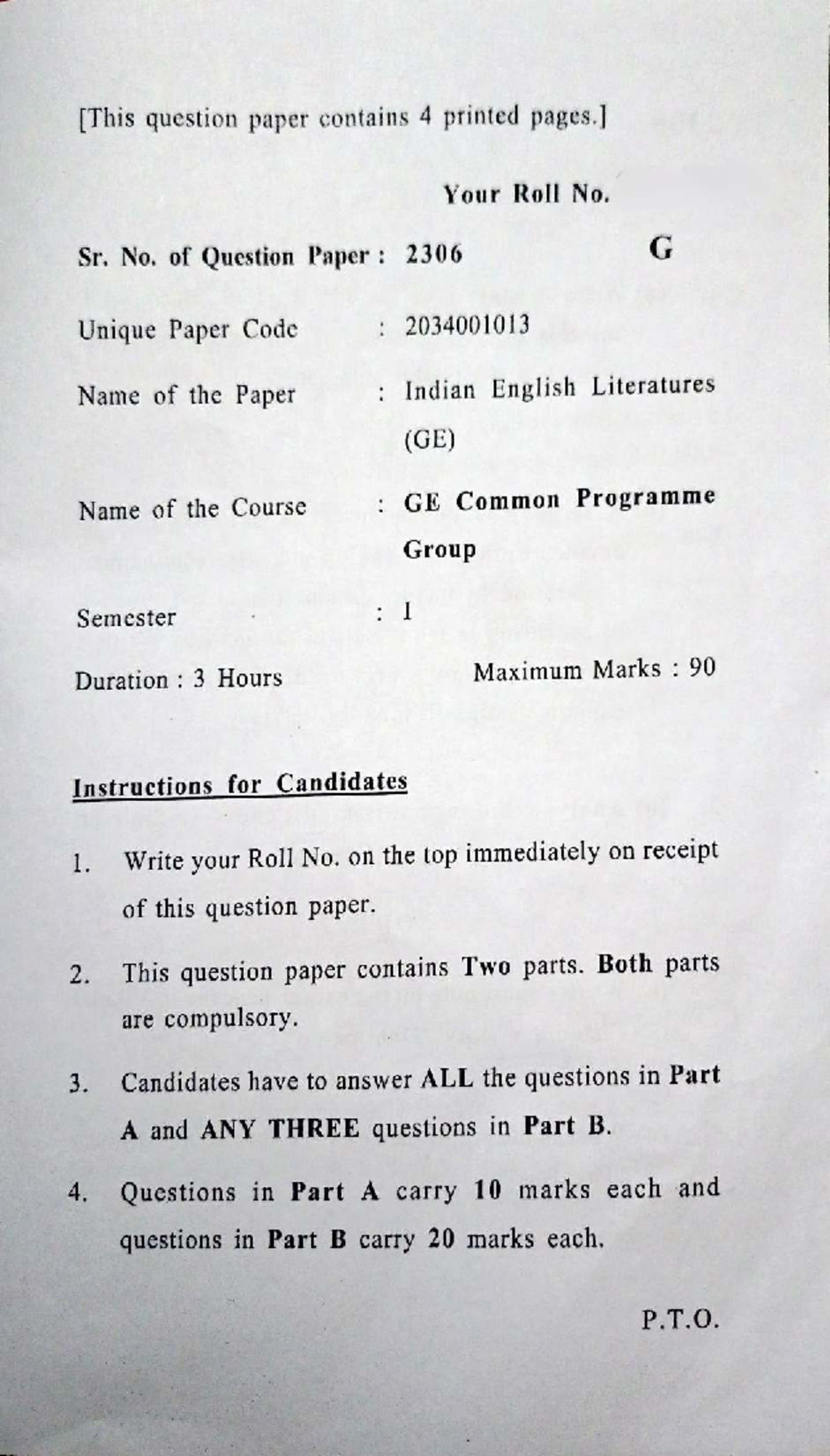 GE 2306 Indian English Literatures Question Paper - 1st Sem - Studocu