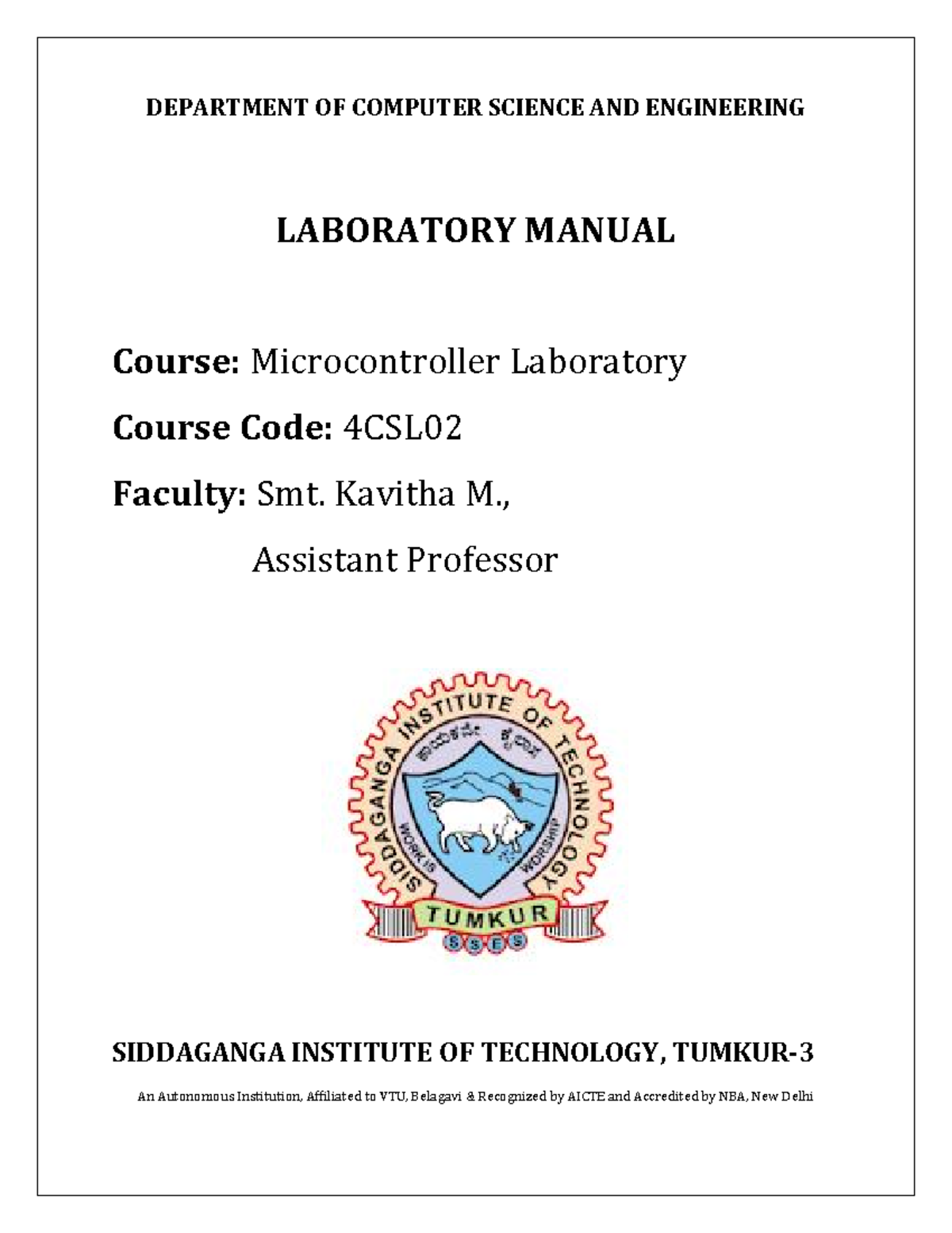 Microcontroller laboratory manual (4CSL02) for 8051 programming and ...