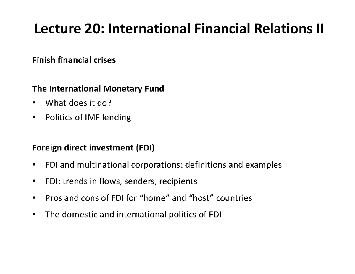 Lecture 20: IPE - International Financial Relations II and FDI Insights ...