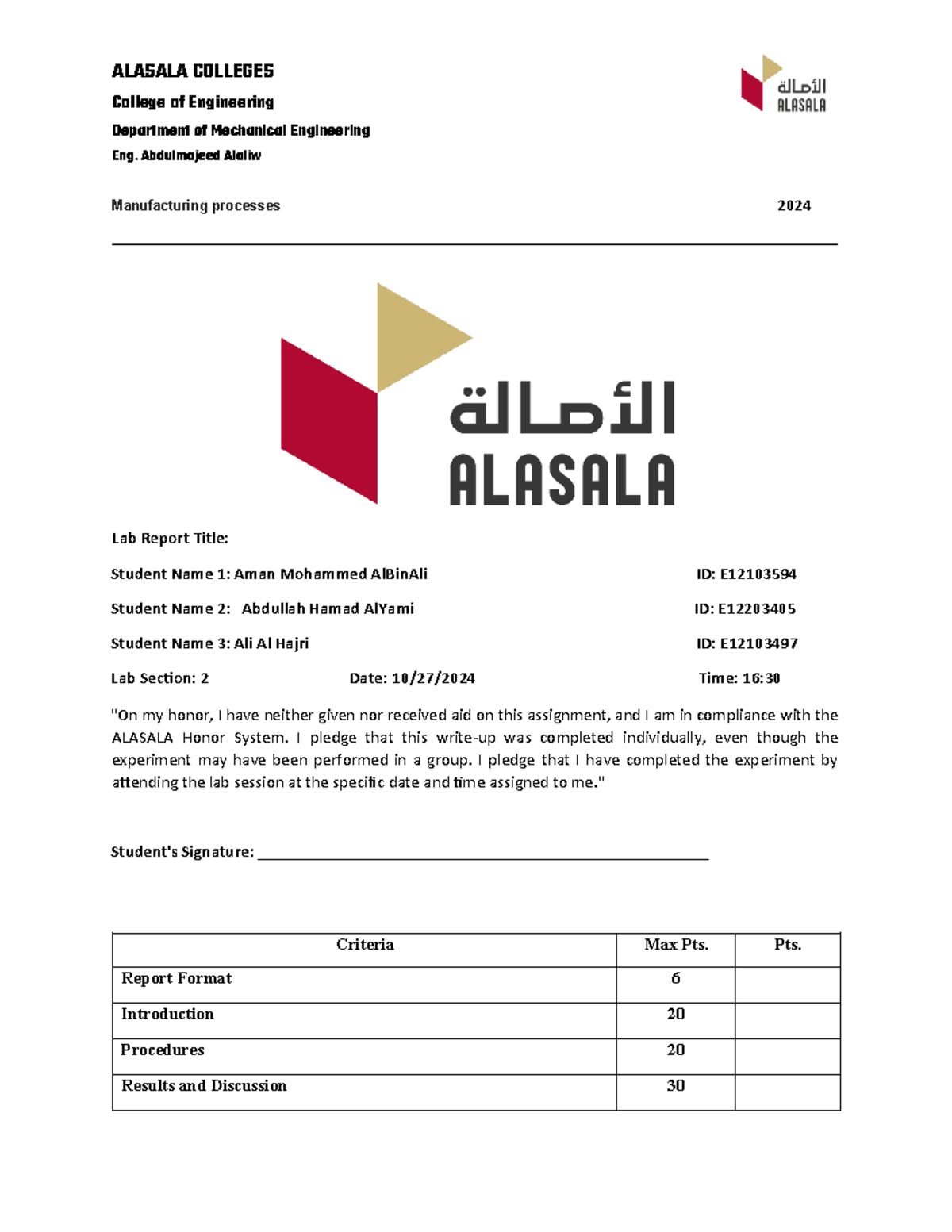 Manufacturing processes lab-1 impact test - ALASALA COLLEGES College of ...