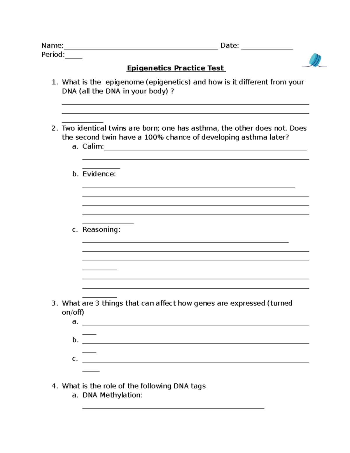 Epigenetics Practice Test 1: Understanding the Epigenome and Gene ...