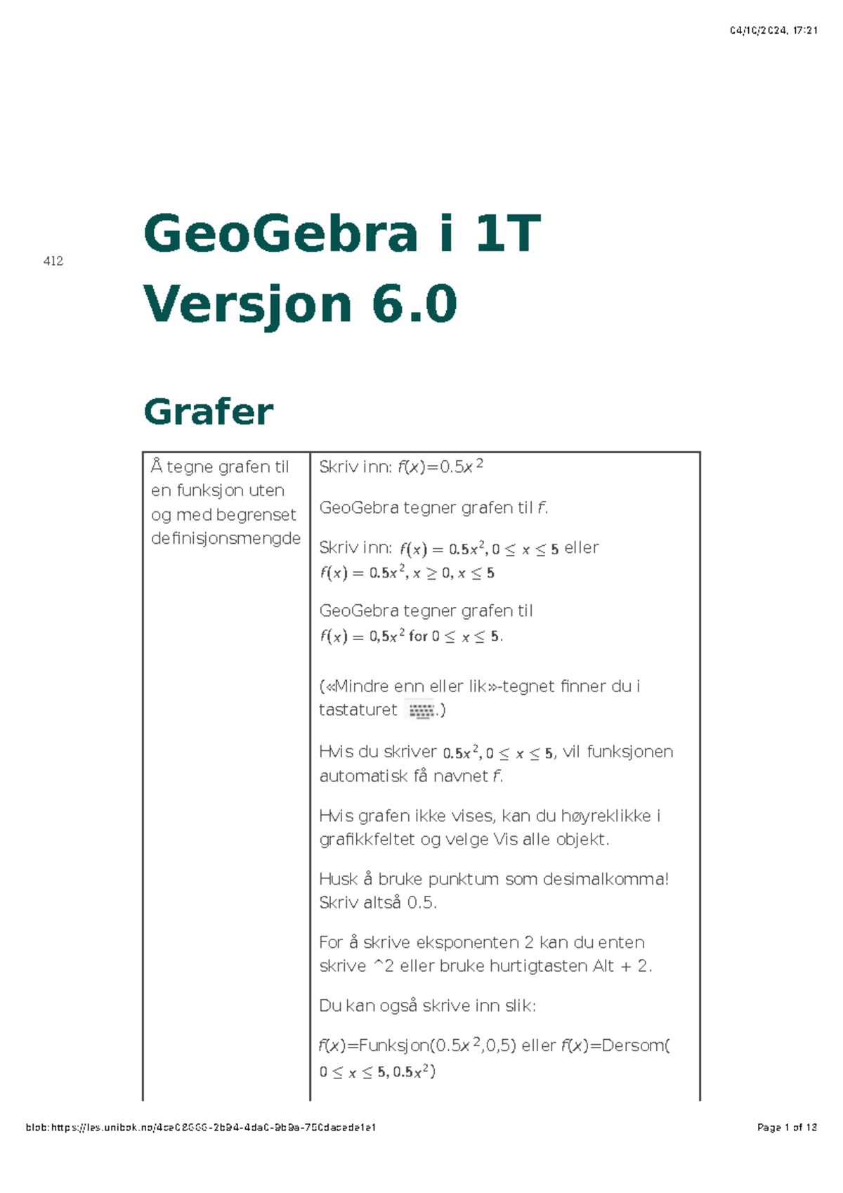 Matematikk 1T: GeoGebra Graftegning og Funksjoner - Studocu