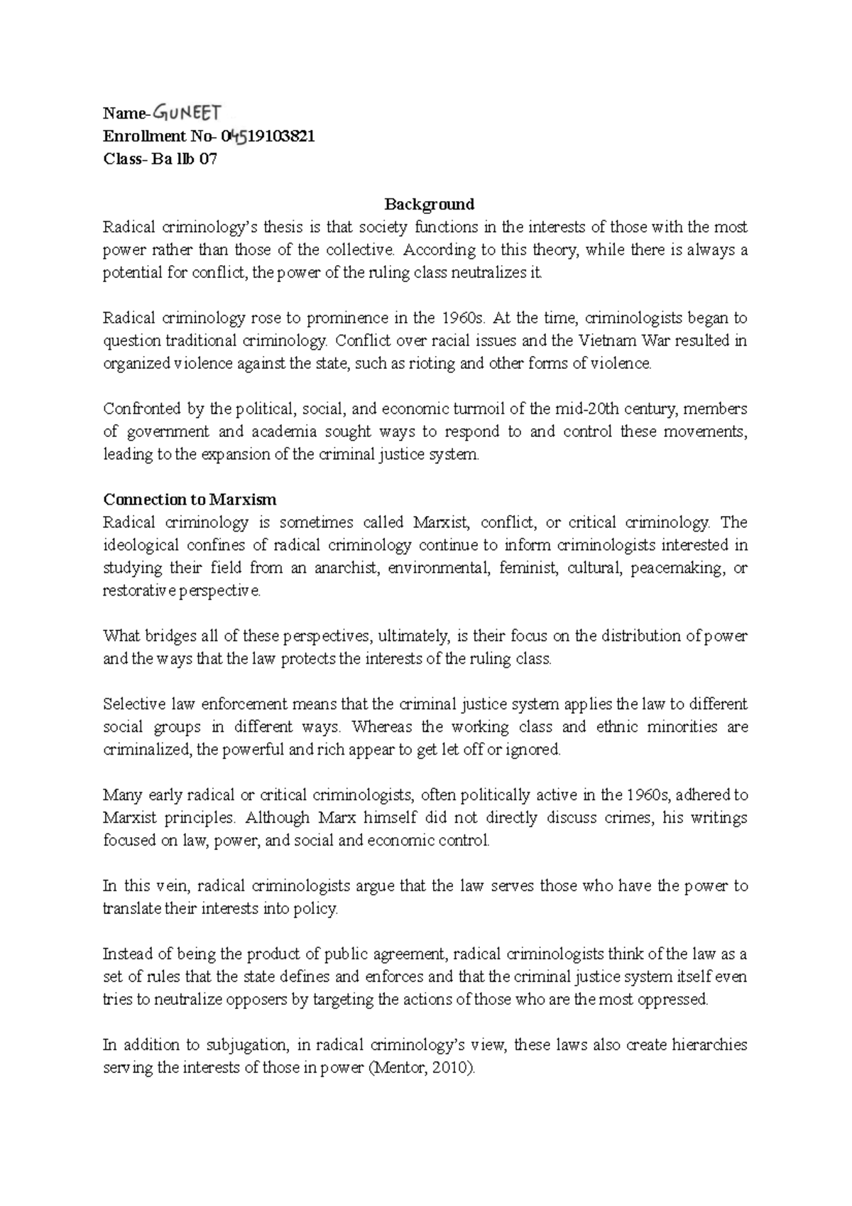 Radical Criminology Overview - BA LLB 00219103821 Assignment - Studocu