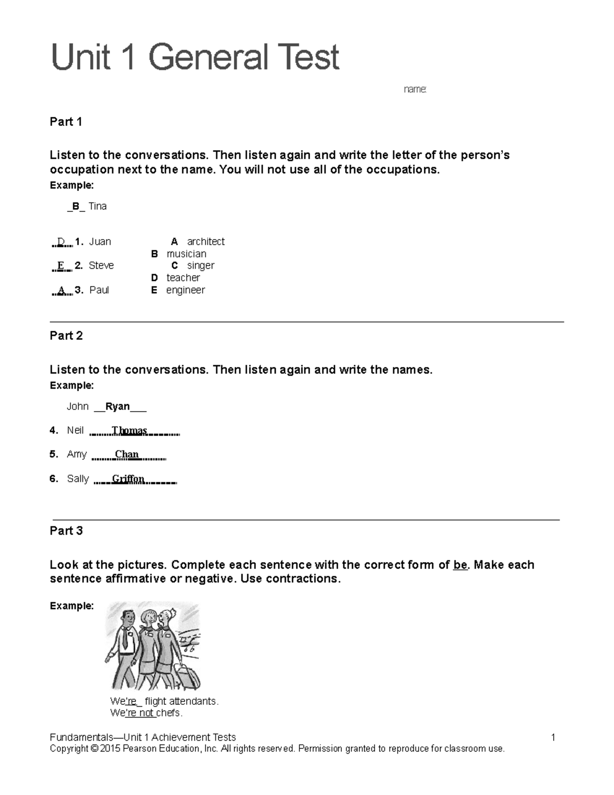 Top Notch Fundamentals Unit 1 Assessment - Unit 1 General Test name ...