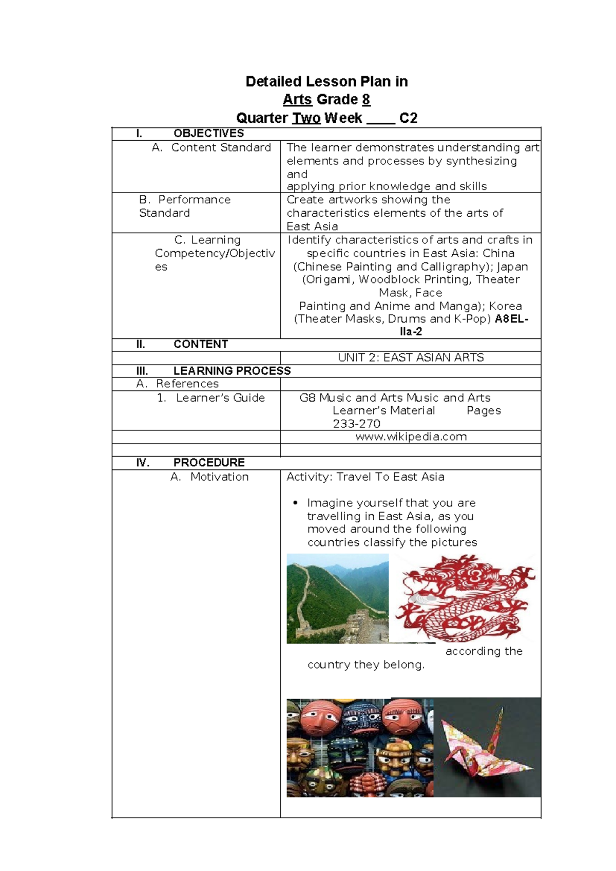 Grade 8 - Arts - C2 - Detailed Lesson Plan in Arts Grade 8 Quarter Two ...