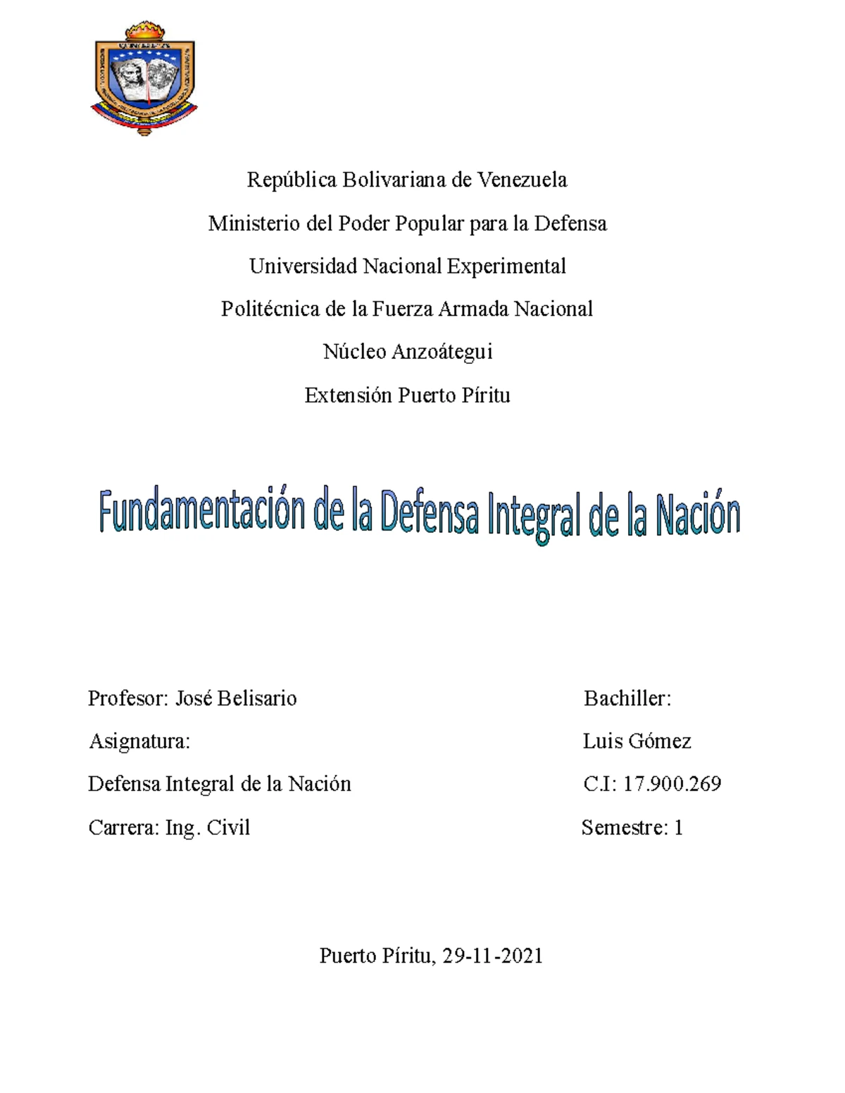 Planilla de Inscripción Militar para la Defensa Integral de la Nación ...