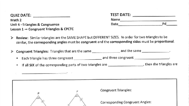 Math 2 Unit 6 Congruence Quiz Practice and Review Notes - Studocu