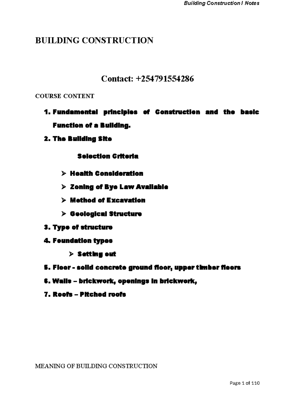 Building Construction I: Comprehensive Notes on Site Selection and ...