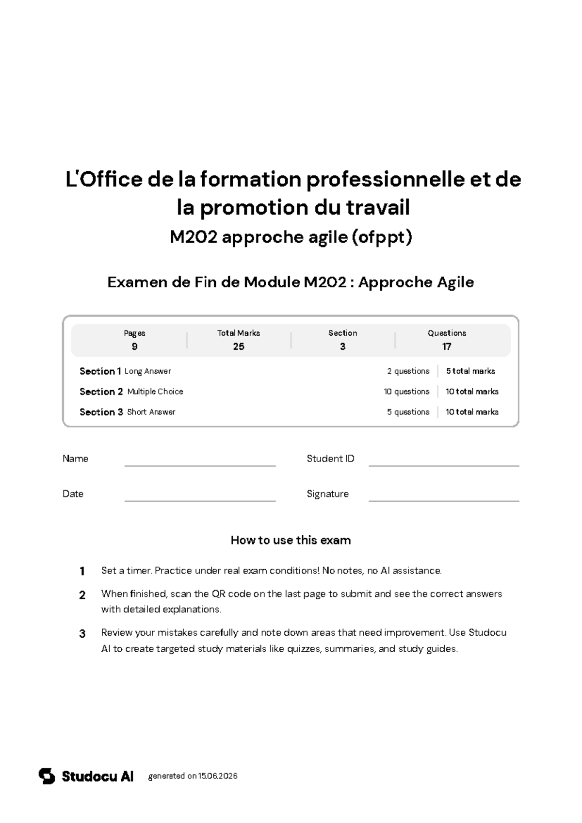 Examen de Fin de Module M202 : Approche Agile - Studocu